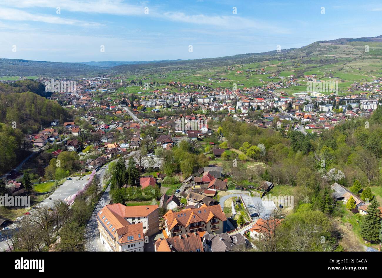 An aerial view of Sovata resort surrounded by buildings and trees in ...