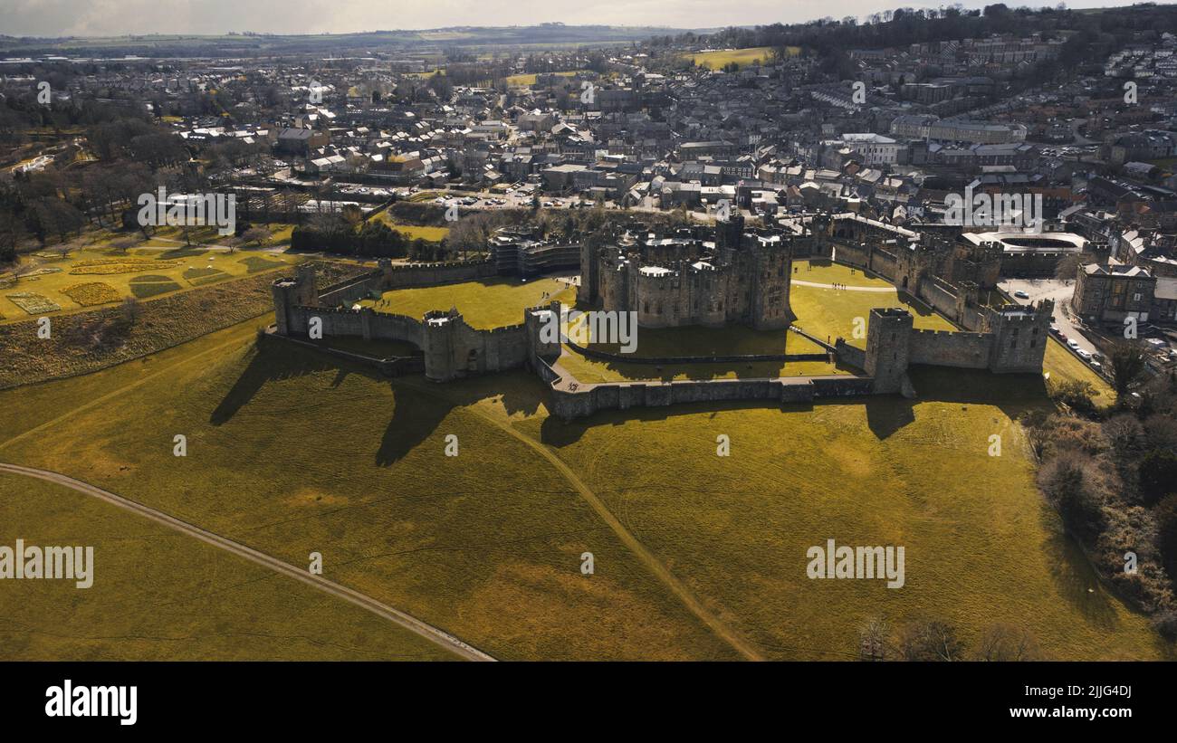 An aerial view of Alnwick castle surrounded by buildings in UK Stock ...