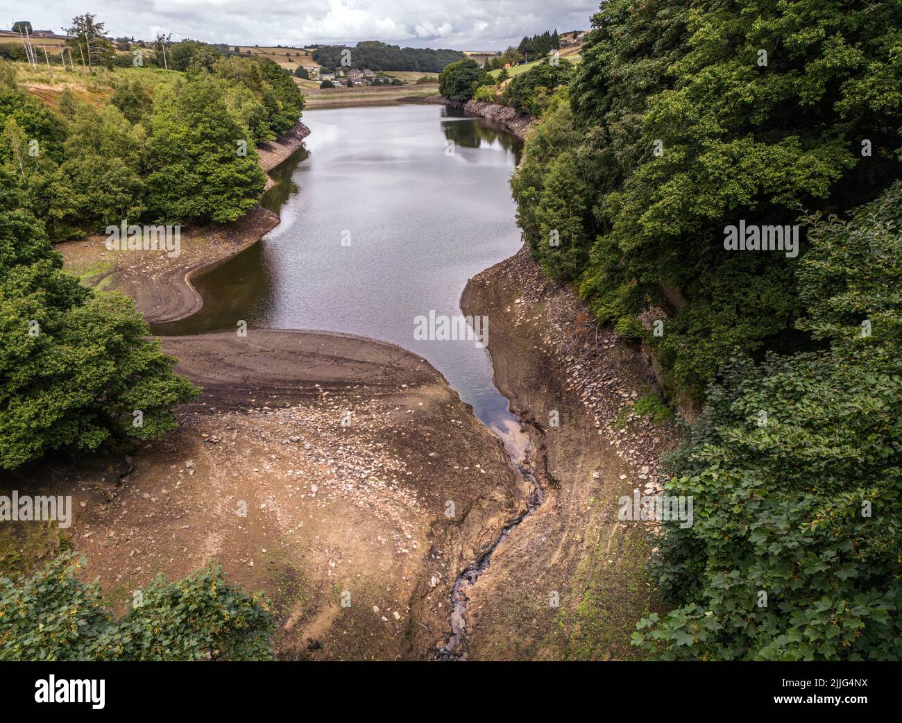 Low water levels at Holme Styes reservoir in Holmfirth West Yorkshire ...