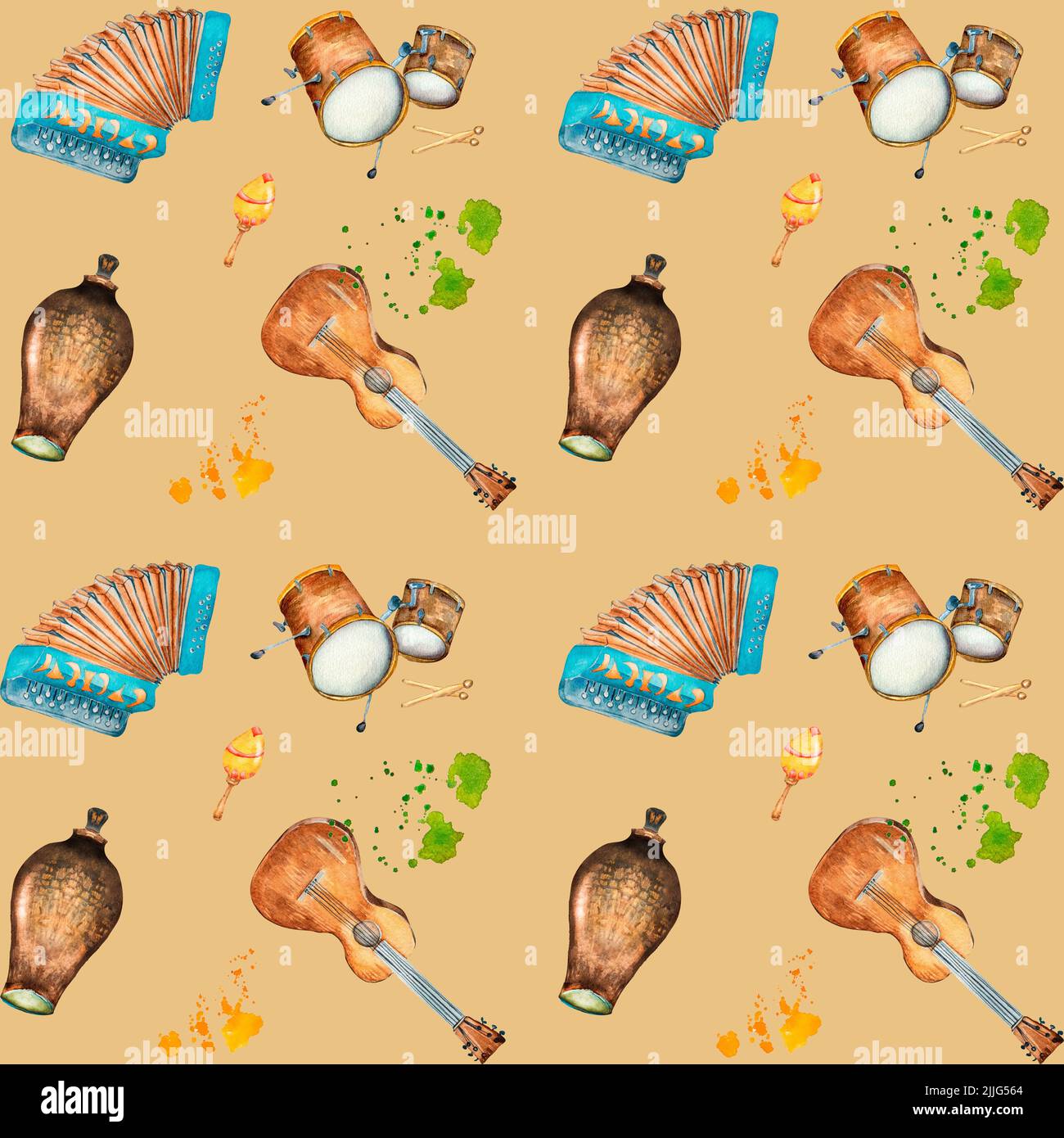 Ethnic musical instruments of latin america watercolor seamless pattern ...