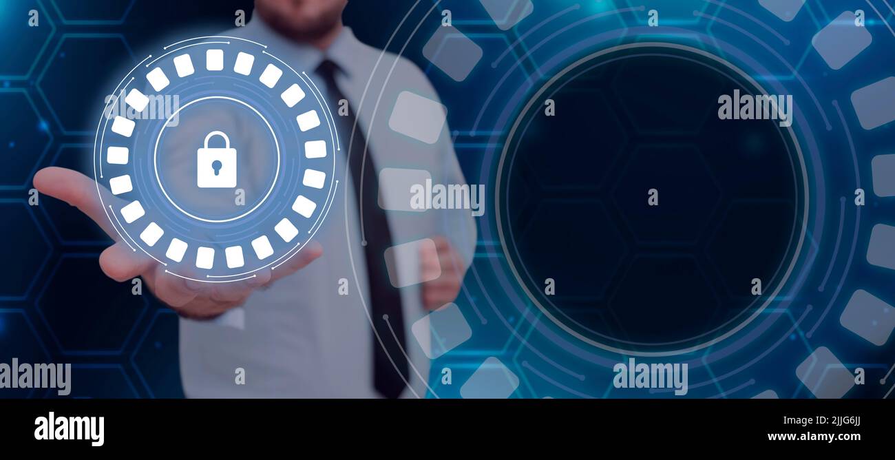 Businessman Extending Hand And Displaying A Digital Lock In A Futuristic Round Design. Man In ...