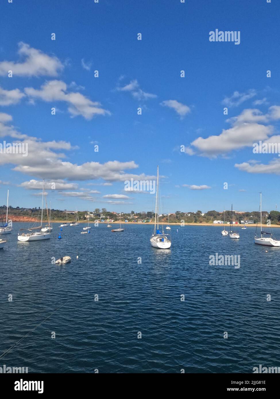 A vertical shot of boats swimming in a sea in front of the shore under ...