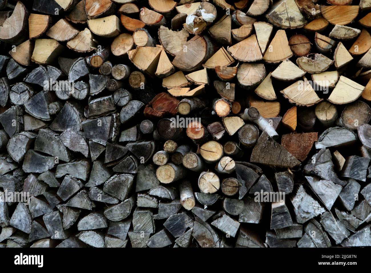 A stack of freshly chopped logs piled on top of older, grey firewood ...