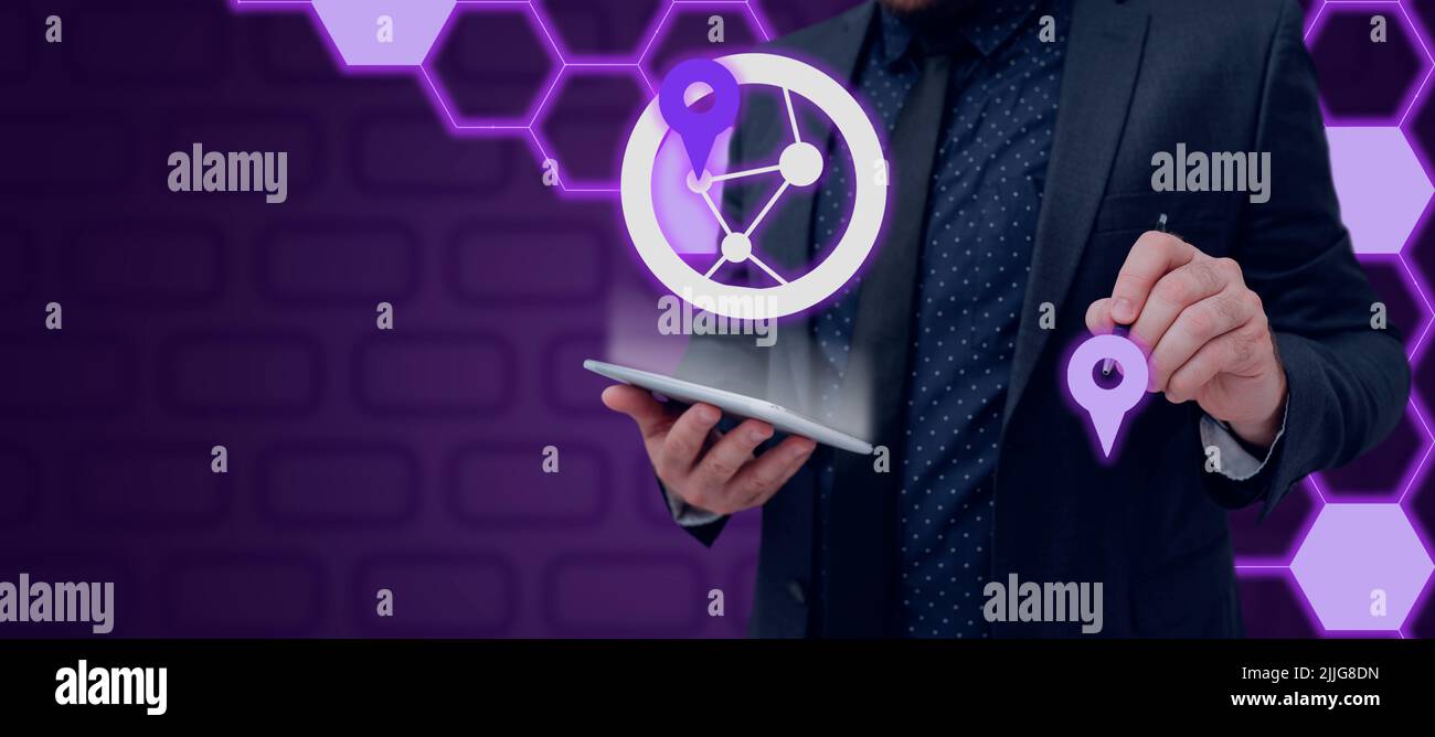 Male Professional Holding Tablet And Pen Pointing On Digitally Generated Location Navigation Pin ...