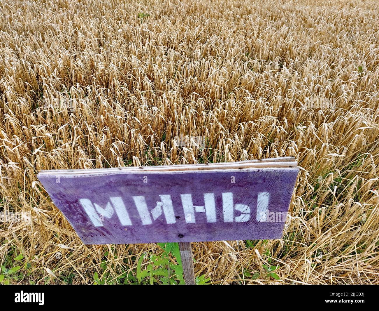 KYIV REGION, UKRAINE - JULY 25, 2022 - The 'Mines' sign is pictured in ...