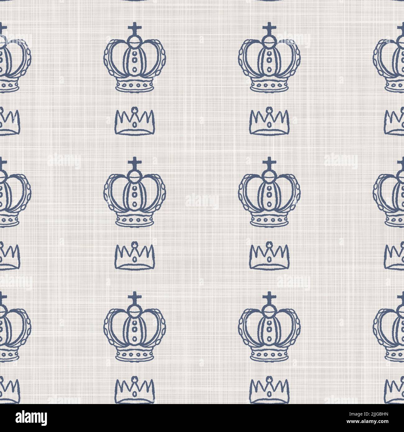 French blue crown motif seamless pattern. Tonal country cottage style ...