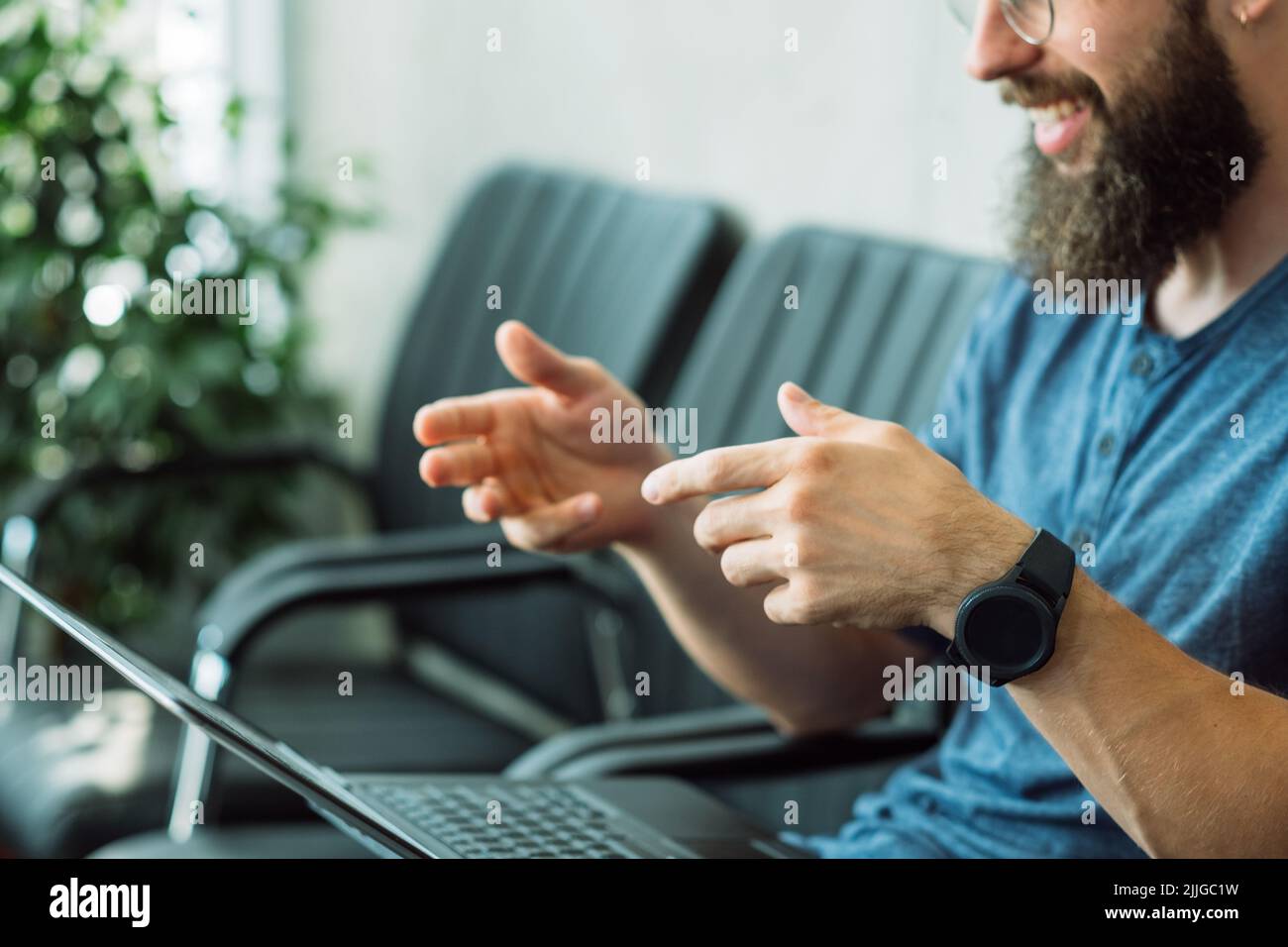 online job interview man talking laptop video call Stock Photo - Alamy