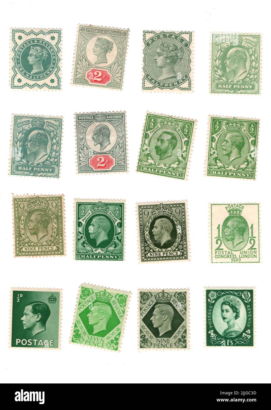 A selection of green GB vintage postage stamps on a white background ...