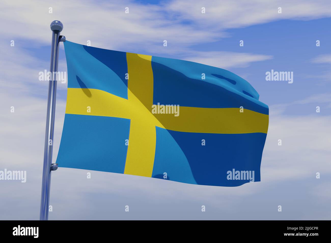 A 3D rendered flag of the Solomon Islands with a chrome flagpole waving ...