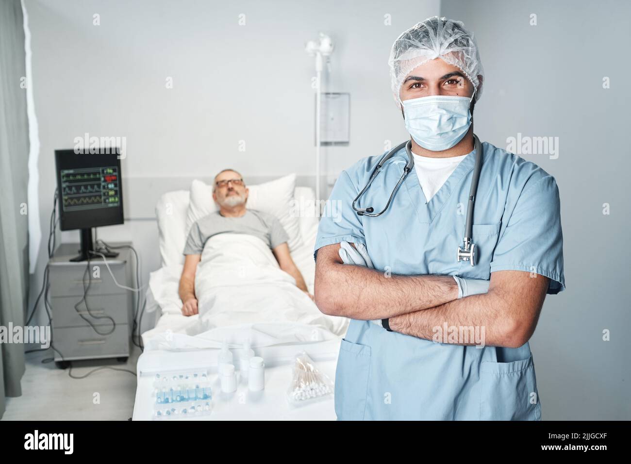 Horizontal medium portrait of unrecognizable medical worker wearing ...