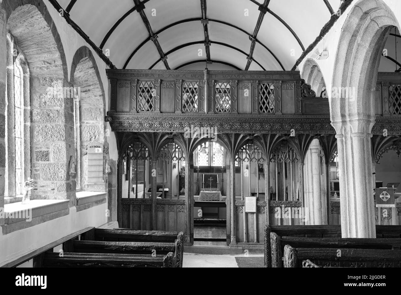 Interior of St Mellanus Church, Mullion Stock Photo - Alamy