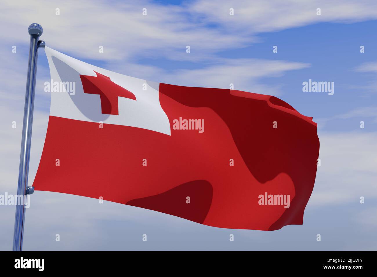 A 3D rendering of the waving flag of Tonga with the flagpole in the ...