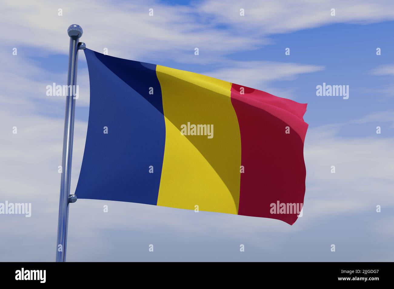 A 3D rendering of the waving flag of Chad with the flagpole in the blue ...