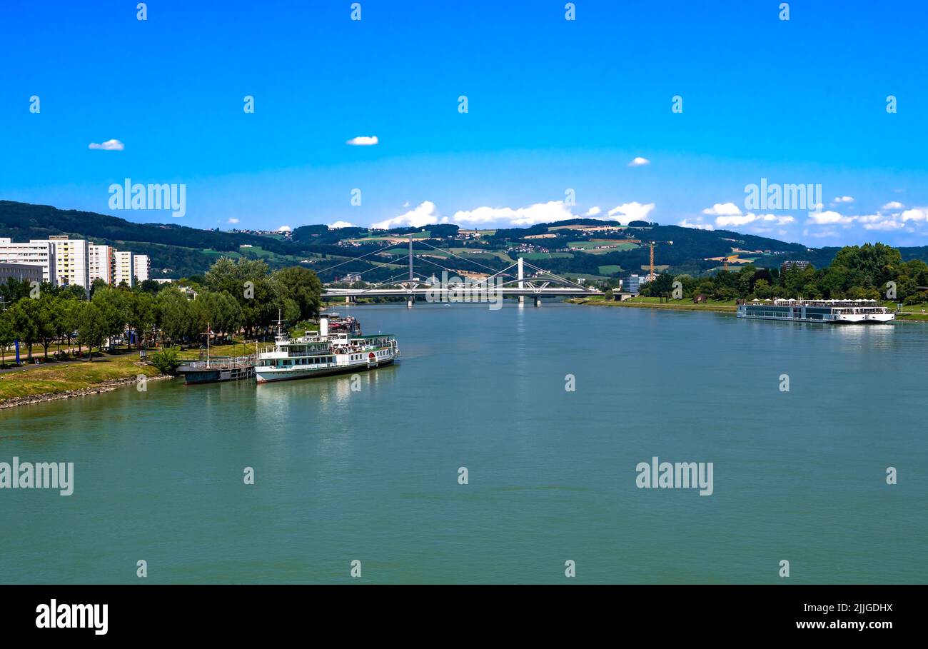 Cruise ships On Danube River In The City Of Linz In Austria Stock Photo ...