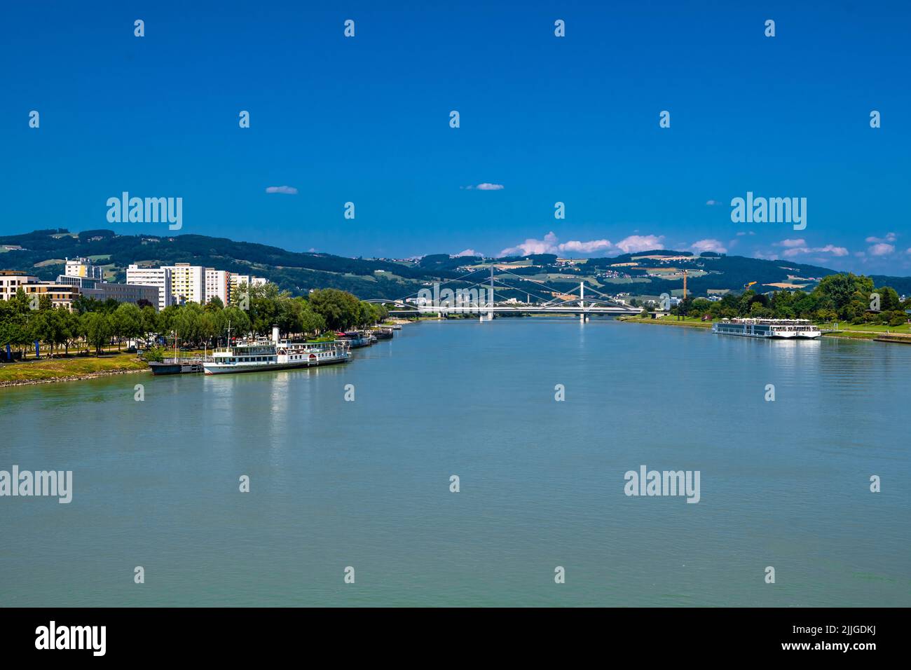 Cruise ships On Danube River In The City Of Linz In Austria Stock Photo ...