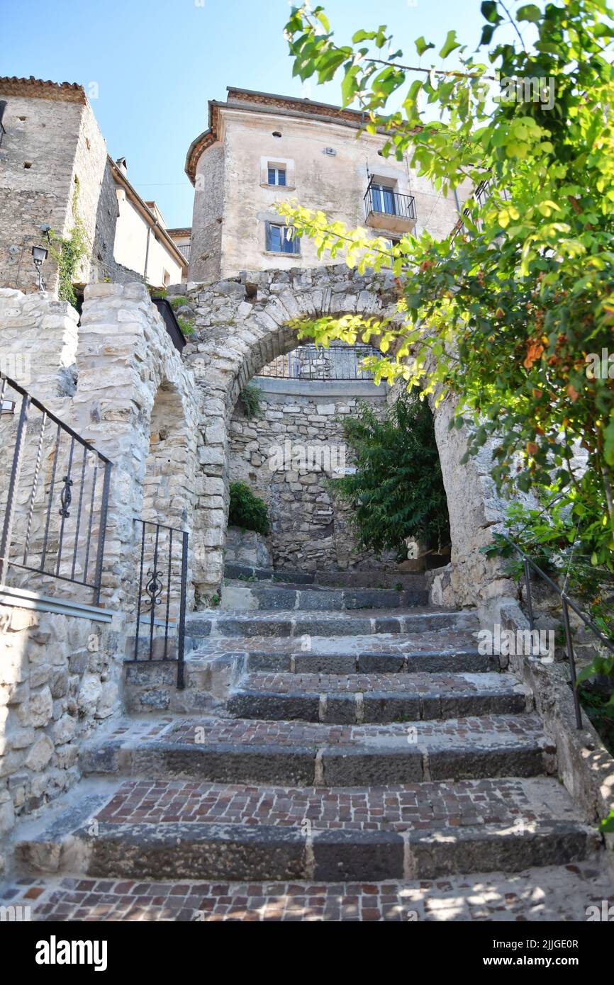 A narrow street in Pesche, a mountain village in the Molise region of ...