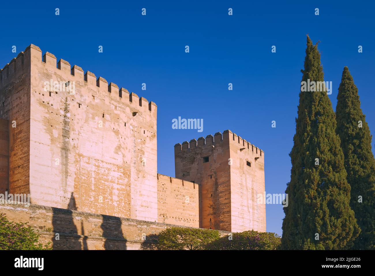 Alhambra, Granada, Andalusia, Spain - two towers with battlement in the ...