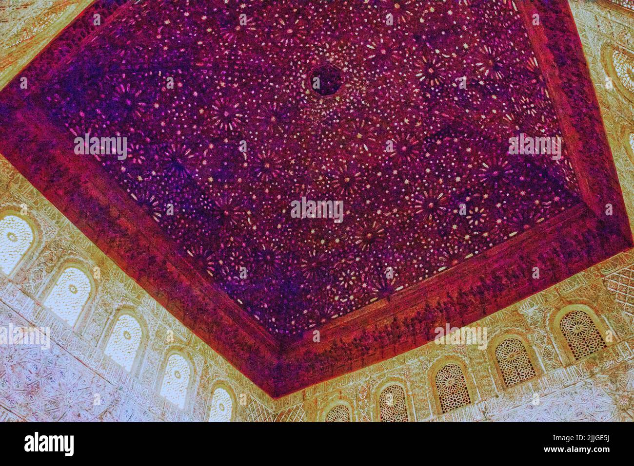 Close-up of ceiling of the Hall of the Ambassadors at Alhambra palace ...