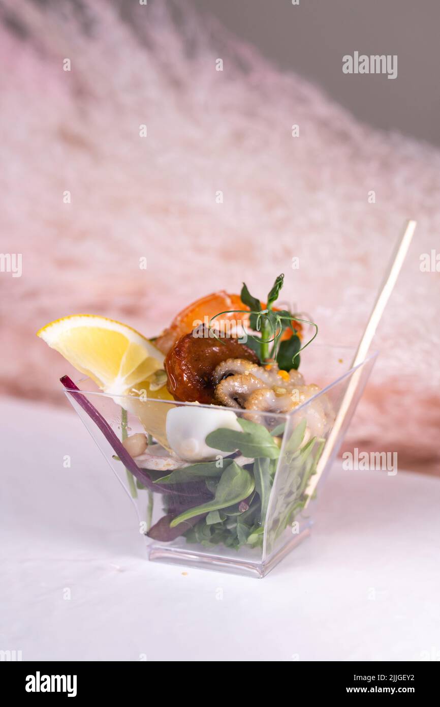 snack in a plastic cup close-up. appetizer on the buffet table Stock ...