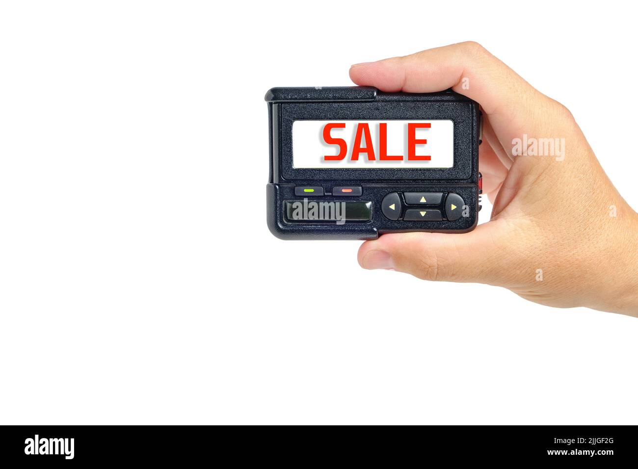 Inscription sale on screen holding pager in her hand on white ...