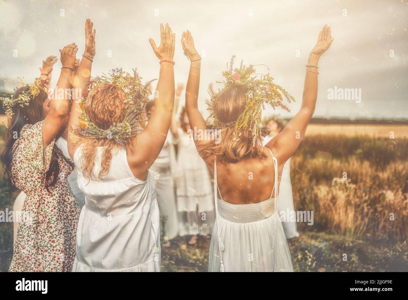 Women in flower wreath on sunny meadow, Floral crown, symbol of summer ...