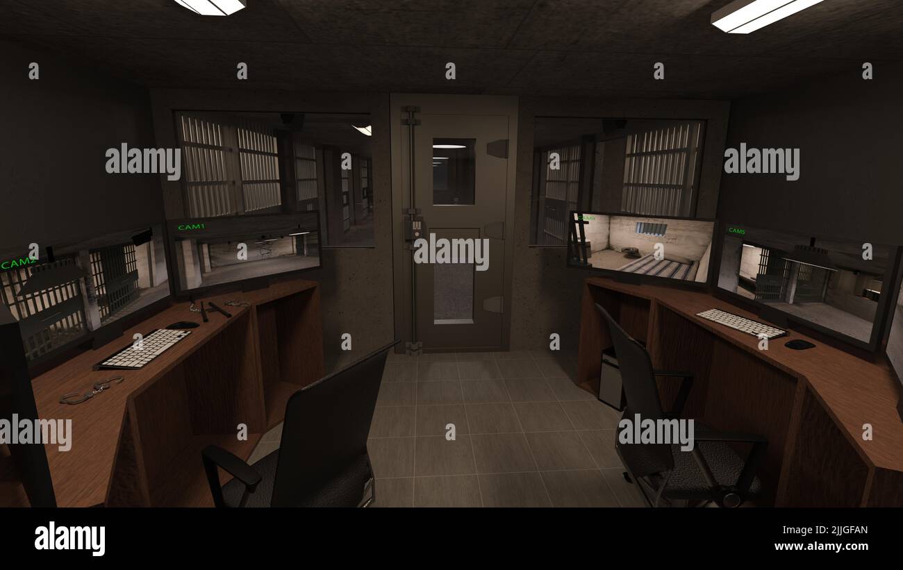 3D-Illustration of the monitor room of a prison Stock Photo - Alamy