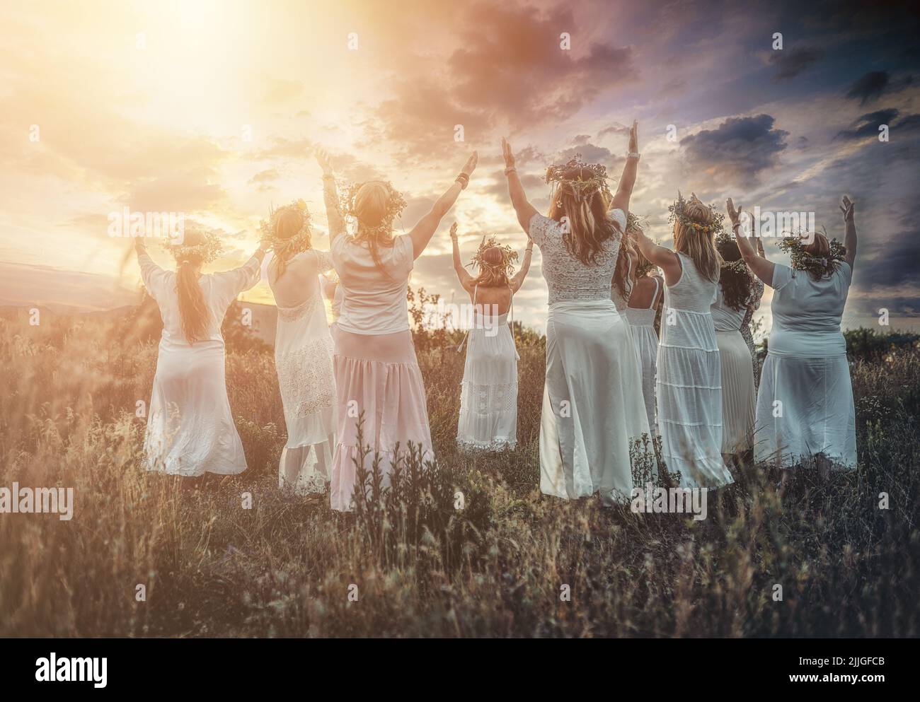 Women in flower wreath on sunny meadow, Floral crown, symbol of summer ...