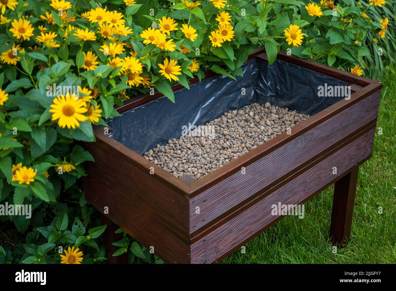 Self-made wooden pot with a layer of expanded clay. Preparation for ...