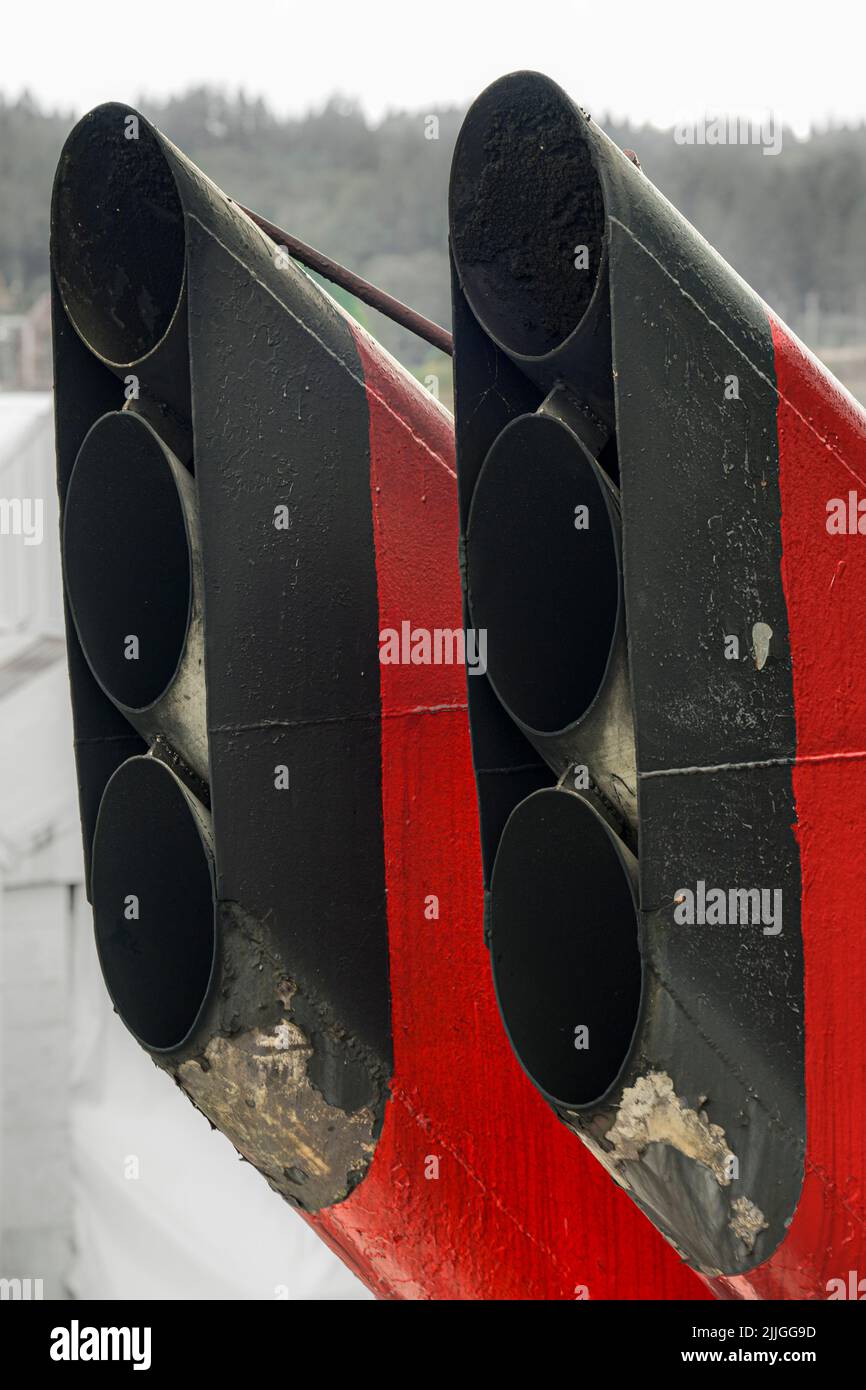 The end of the twin exhaust stacks on the tugboat Danielle Stock Photo ...