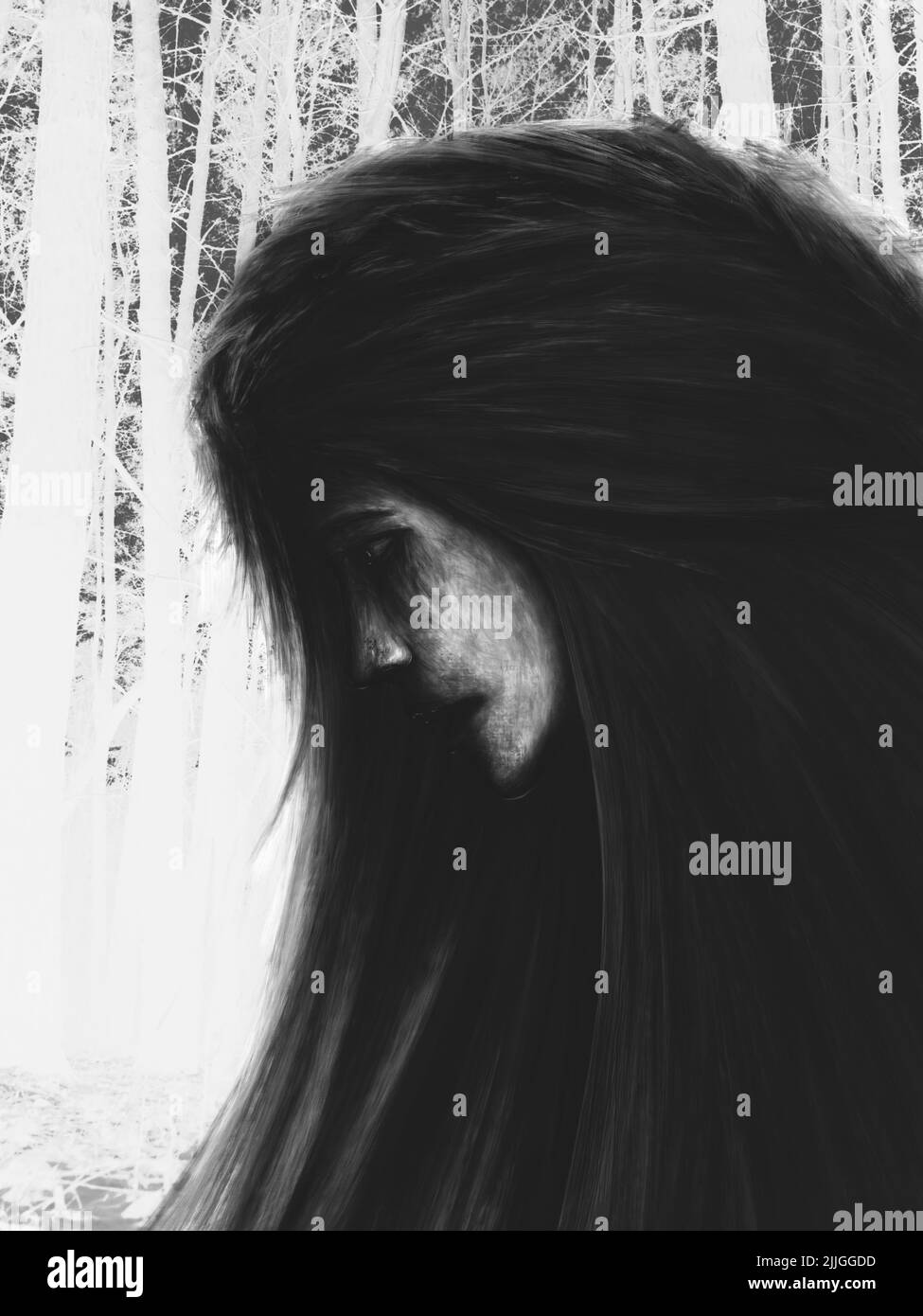 Girl depressive portrait, in the forest Stock Photo - Alamy