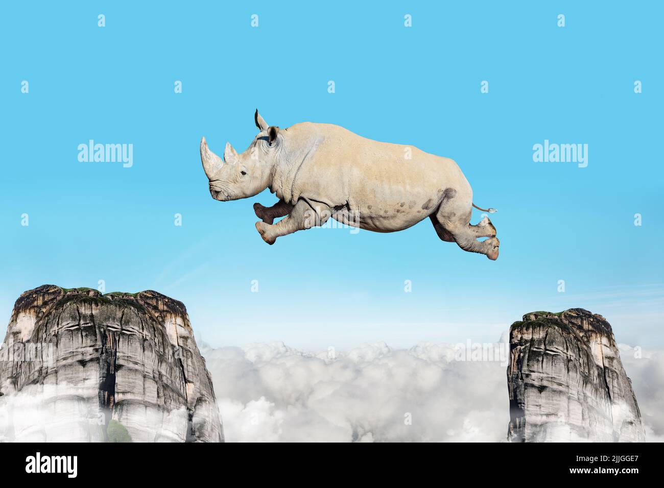 Concept of heavy rhinoceros jump between mountains rocks Stock Photo ...