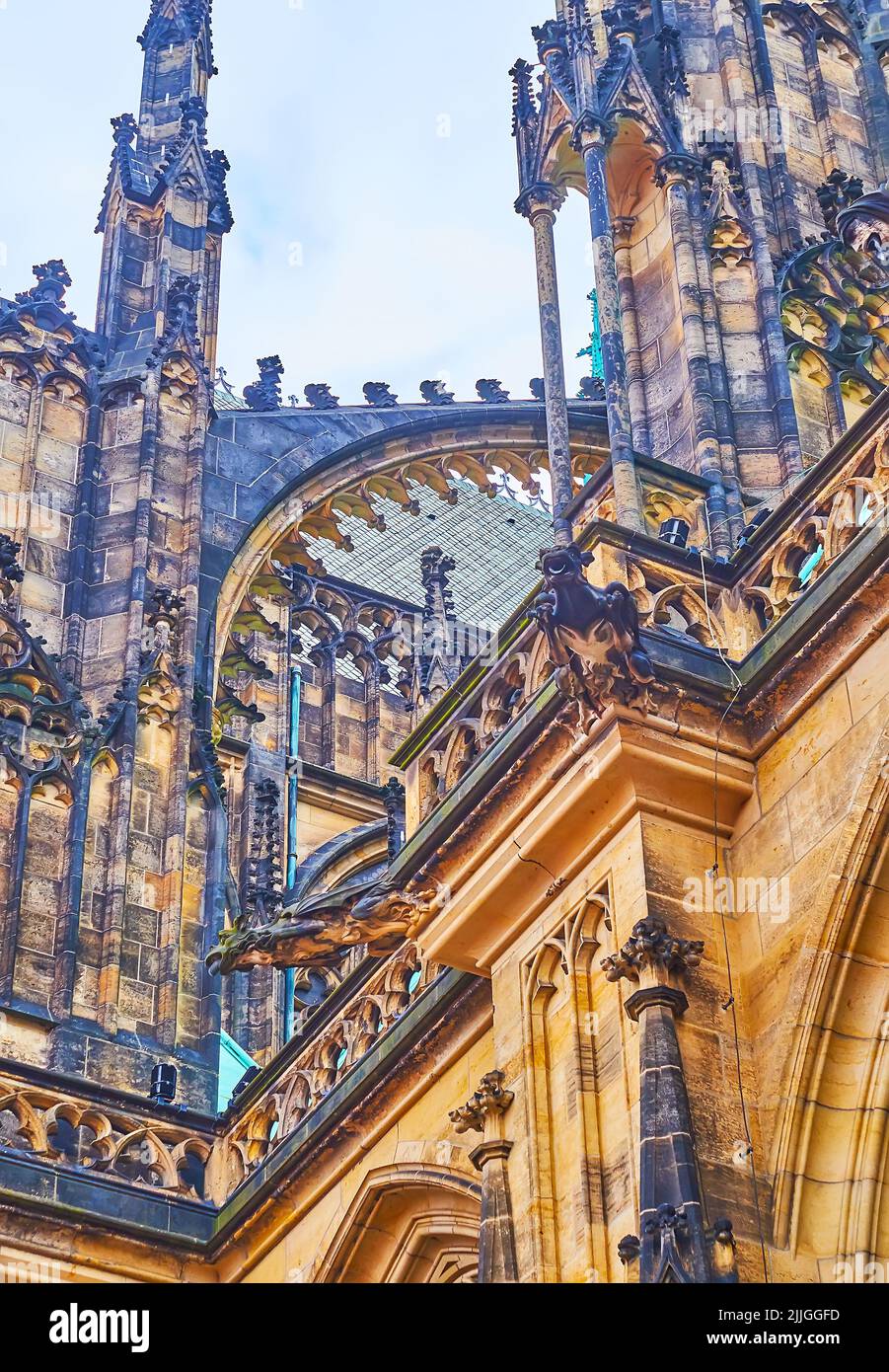 The elements of Gothic decoration of St Vitus Cathedral with tall ...