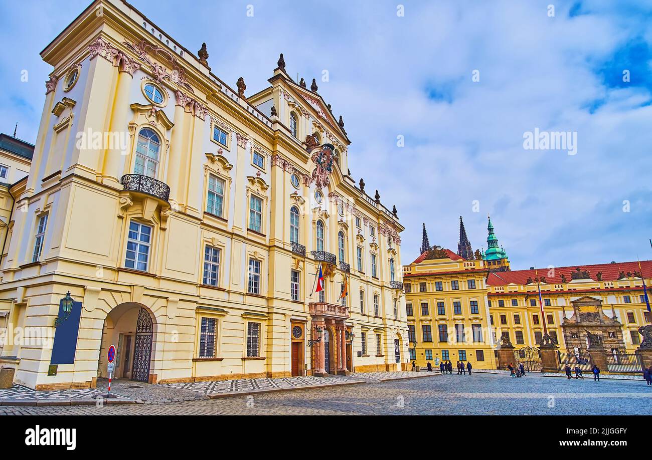 The facade of historic Baroque Archbishop's Palace with sculptures and ...