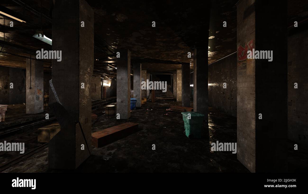 3D-illustration of a destroyed and abandoned subway station Stock Photo ...