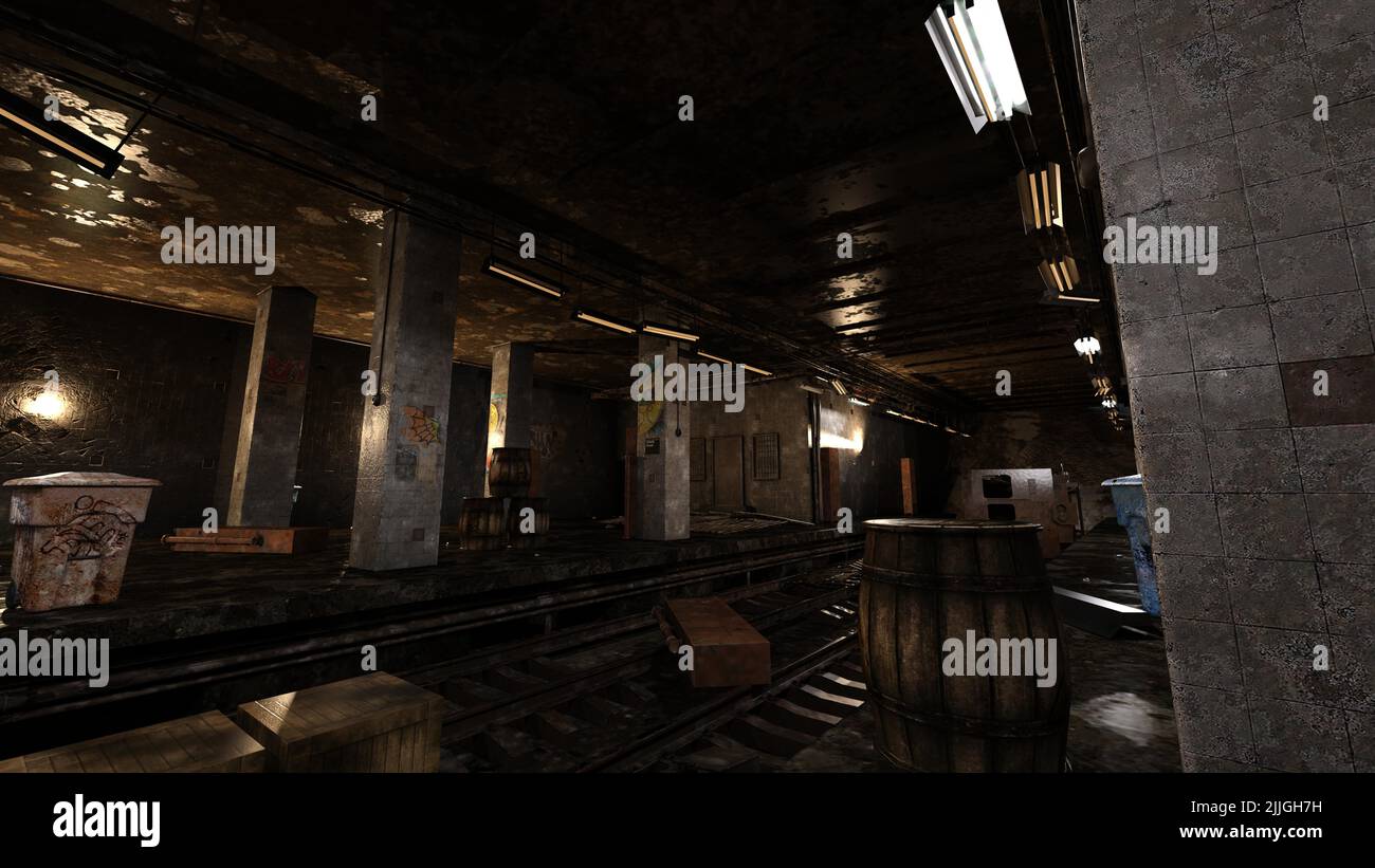 3D-illustration of a destroyed and abandoned subway station Stock Photo ...