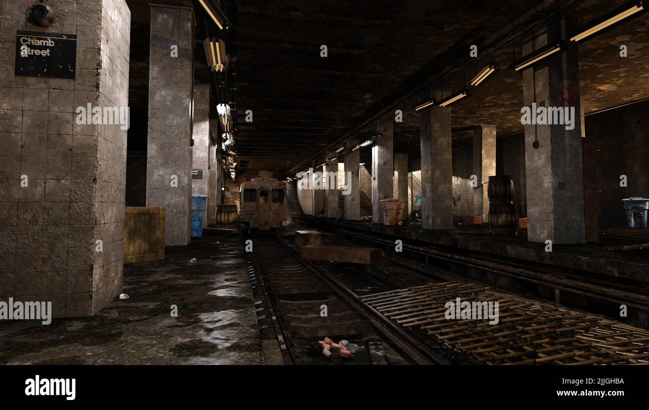 3D-illustration of a destroyed and abandoned subway station Stock Photo ...
