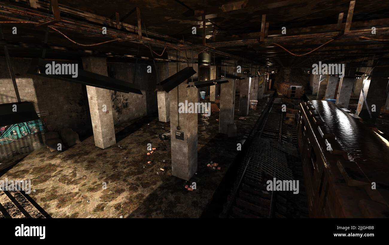 3D-illustration of a destroyed and abandoned subway station Stock Photo ...