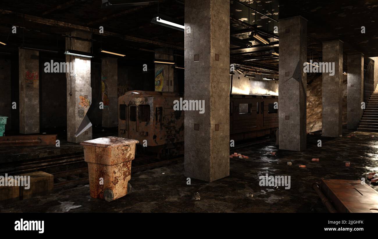 3D-illustration of a destroyed and abandoned subway station Stock Photo ...