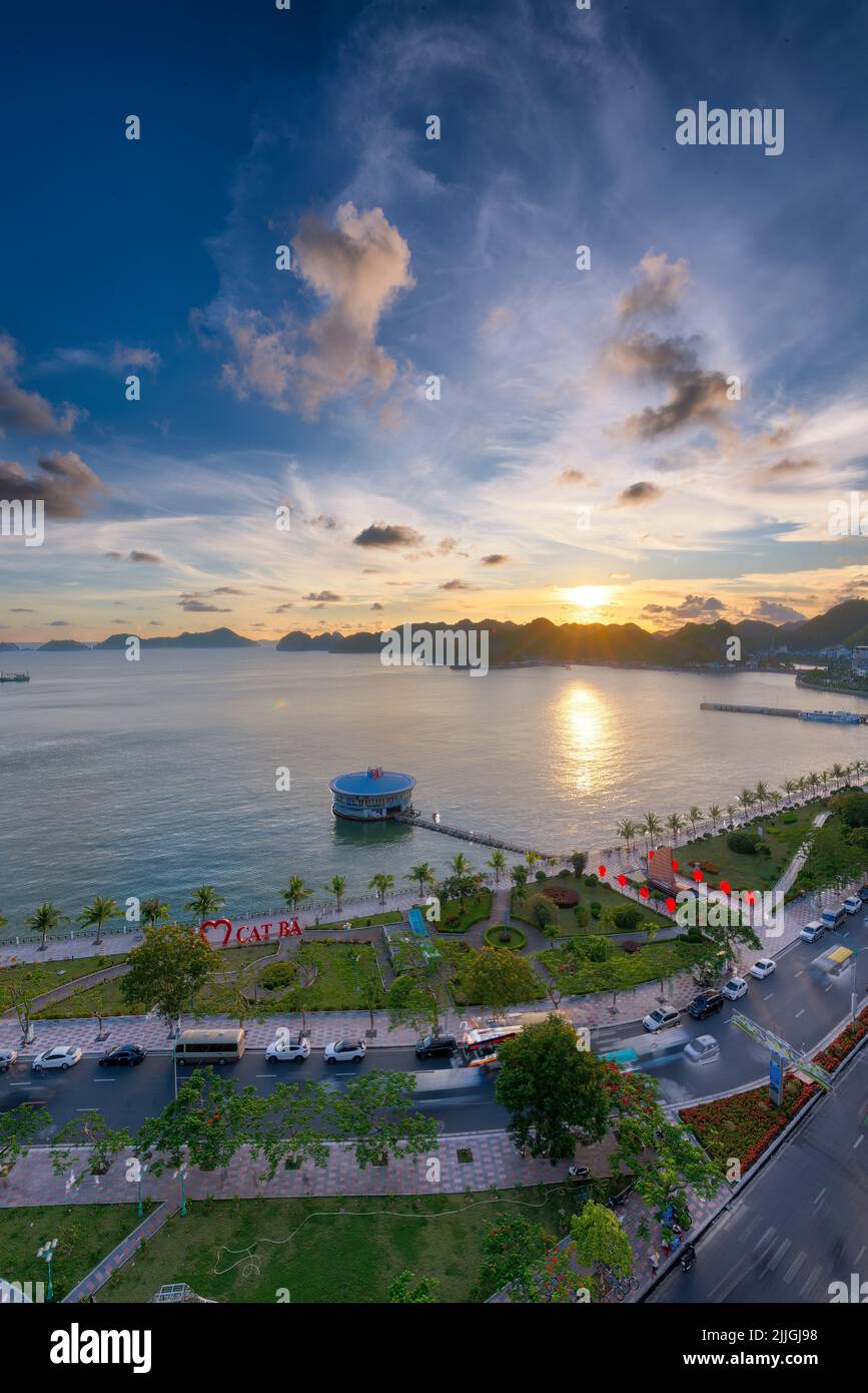 Cat Ba island, Hai Phong, Vietnam. Panorama from viewpoint in sunset ...