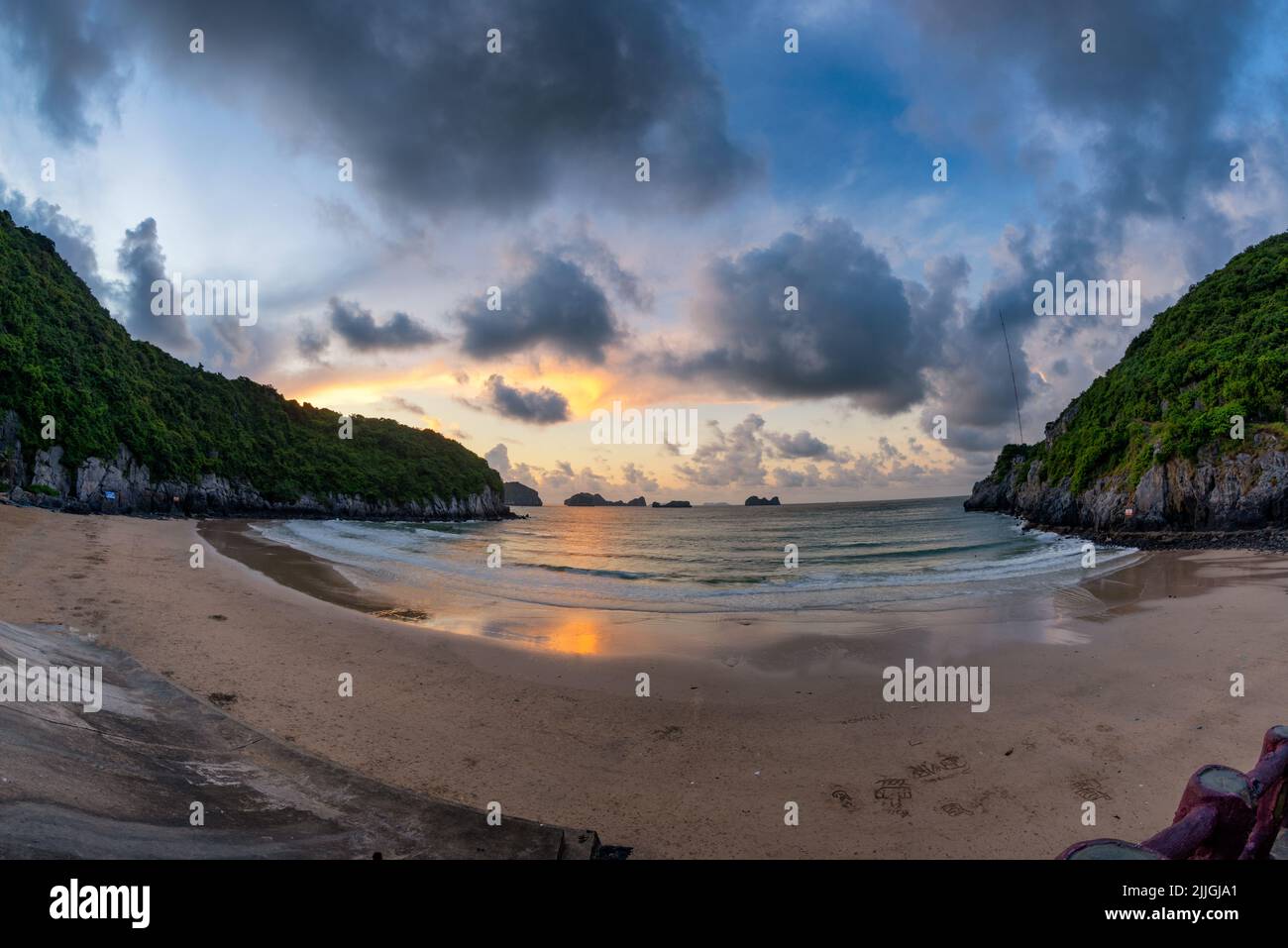 Cat Ba island, Hai Phong, Vietnam. Panorama from viewpoint in sunset ...