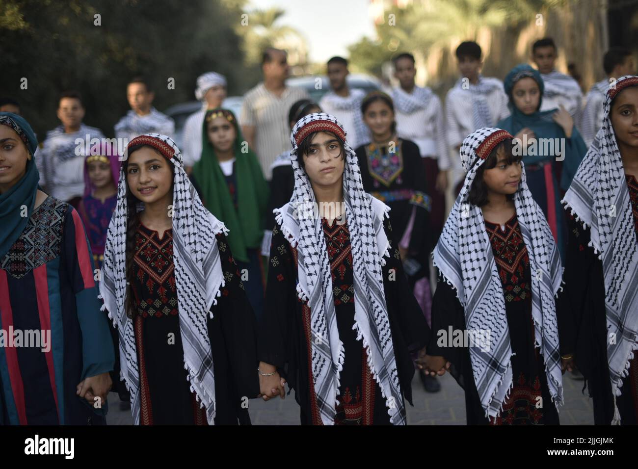 Palestinian children seen wearing traditional costumes during the ...