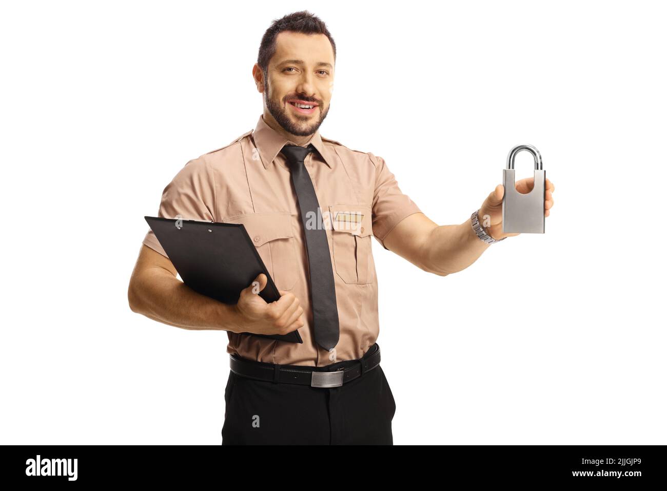Security guard holding a padlock and a clipboard isolated on white ...
