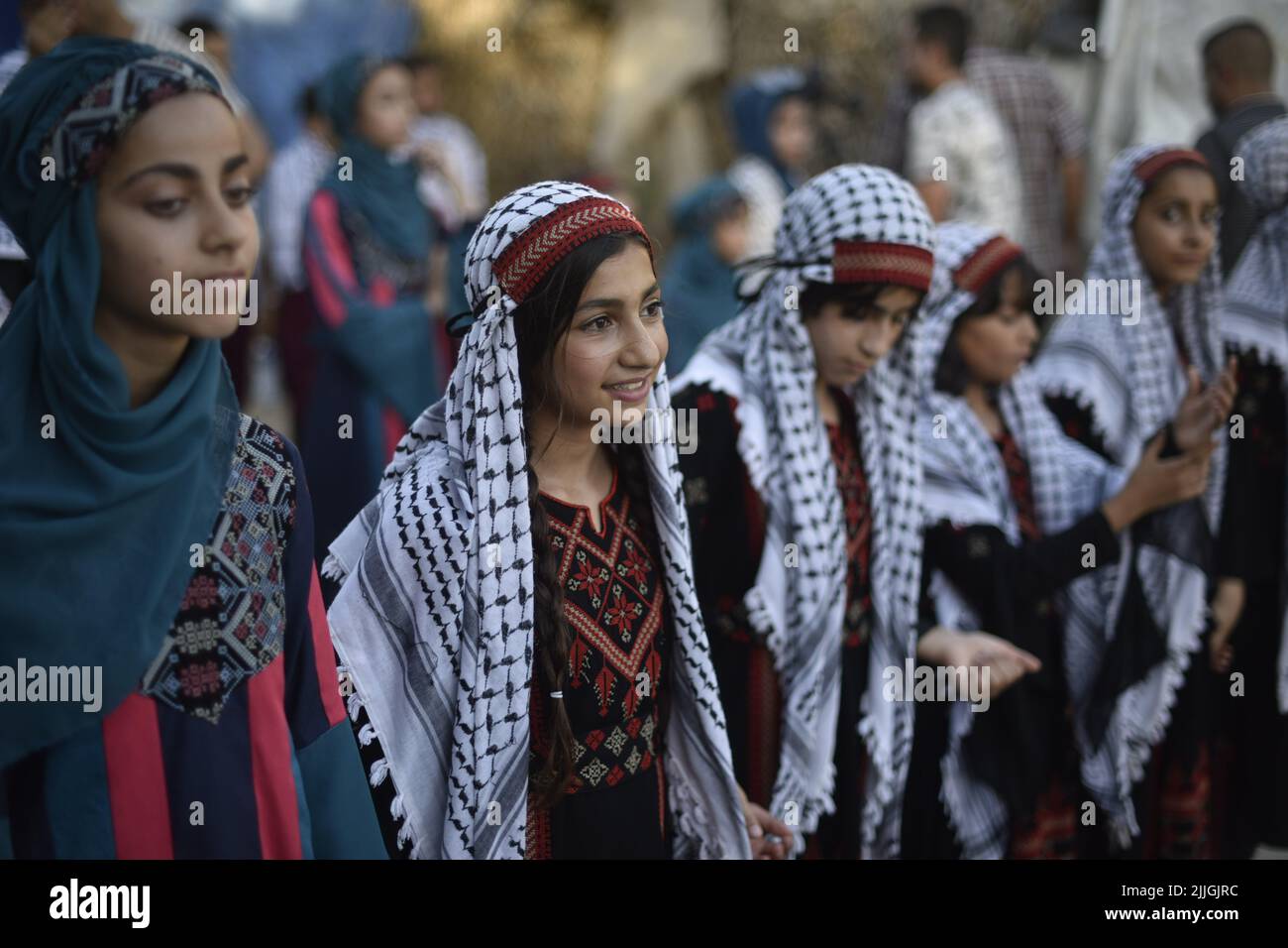 Palestinian children seen wearing traditional costumes during the ...