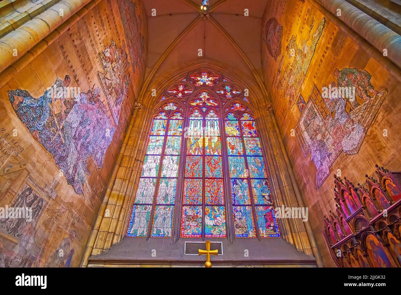 PRAGUE, CAZECH REPUBLIC - MARCH 6, 2022: The colored stained glass ...