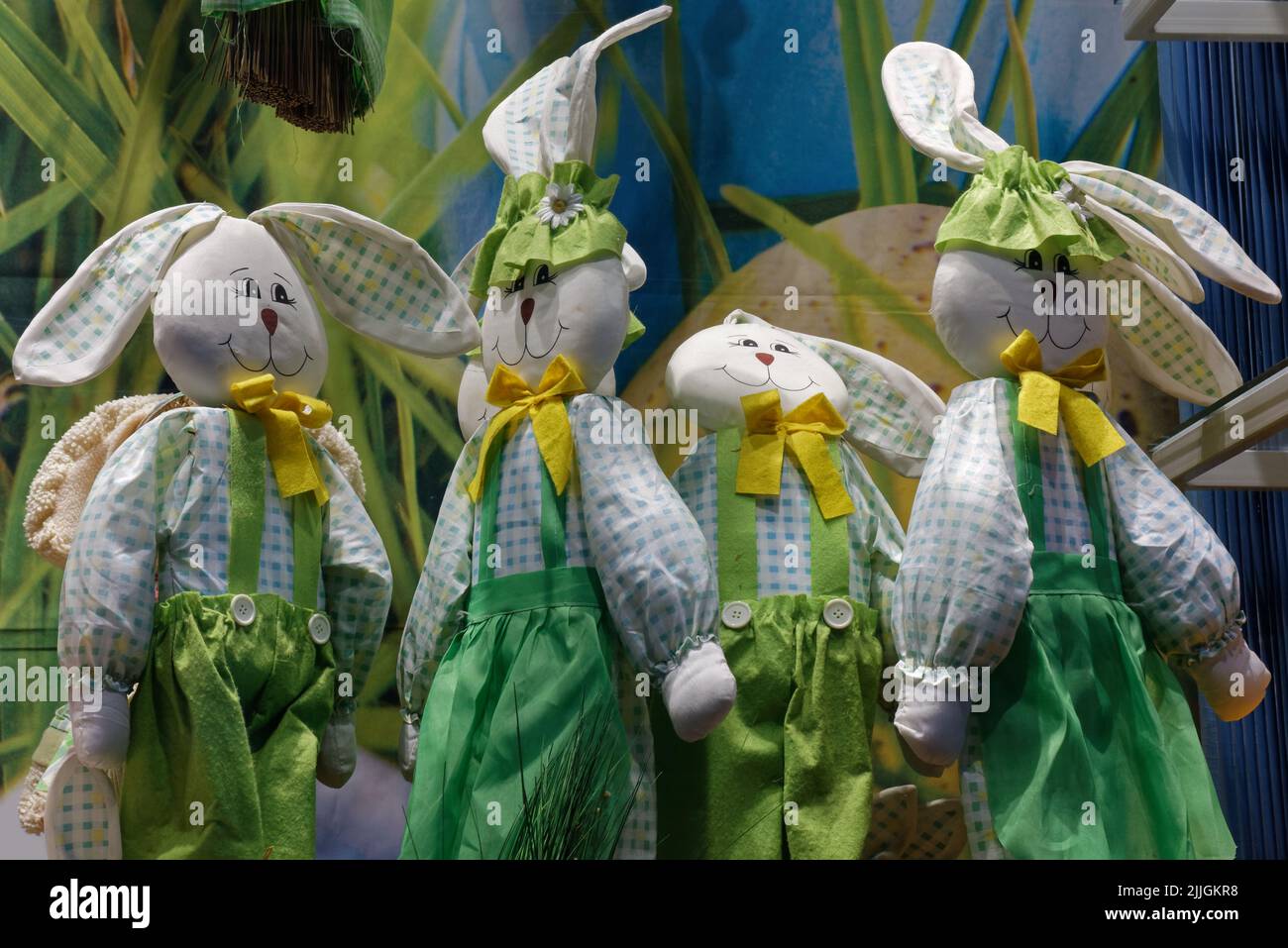 MARIBOR, Slovenia - April 10, 2022: Four rabbit puppets on display in a ...
