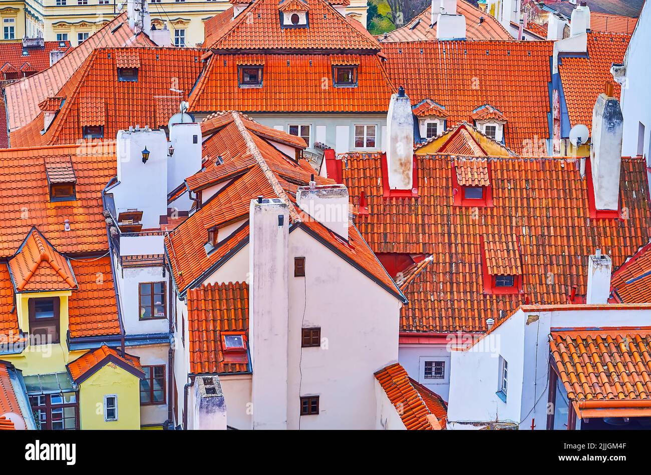 The different shaped chimneys and tile red roofs of Lesser Quarter ...