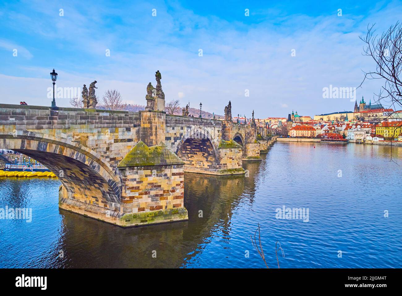 The medieval sculptured stone Charles Bridge (Karluv Most) against the ...