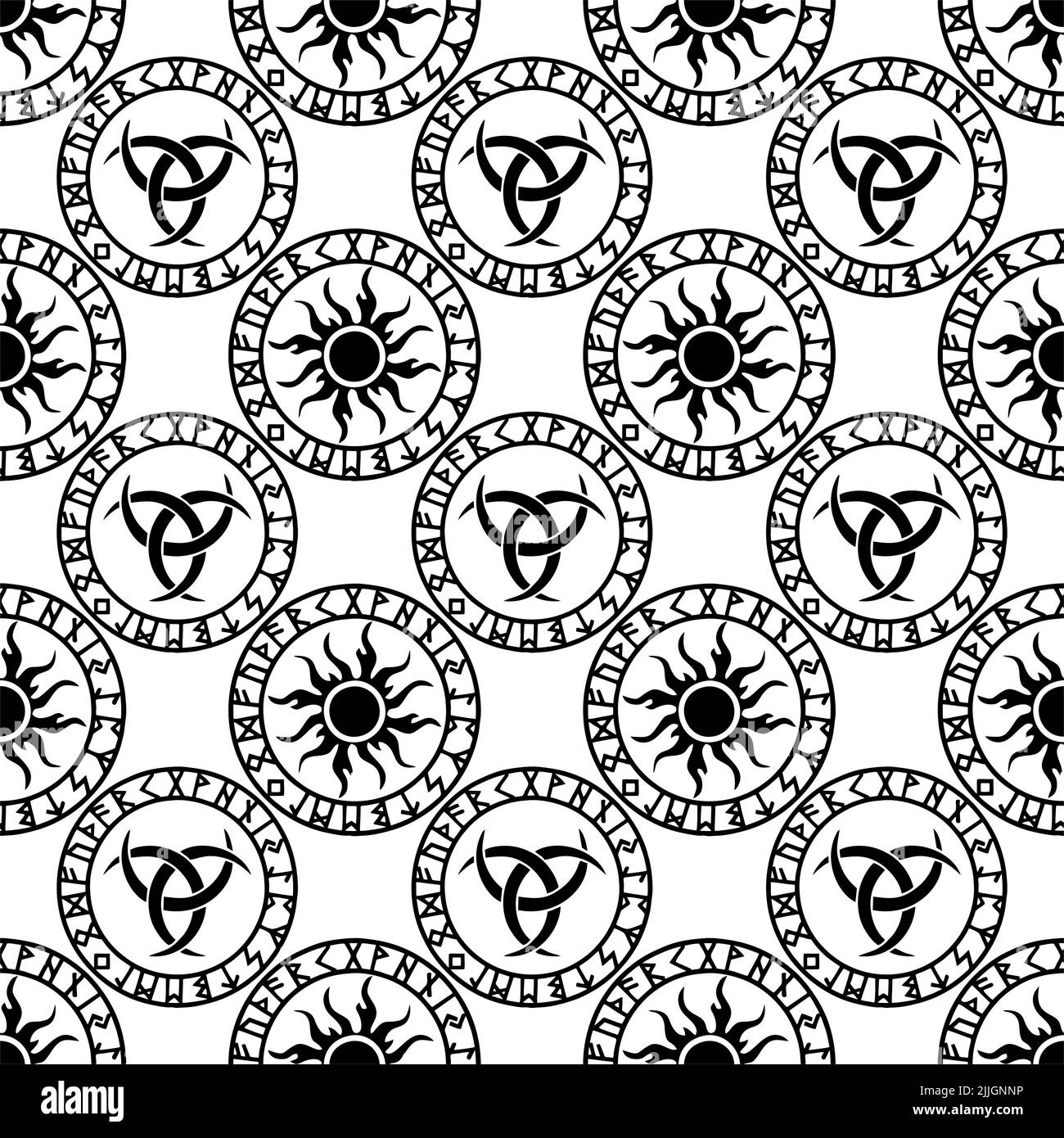 seamless repeating pattern of black round scandinavian symbols on white ...