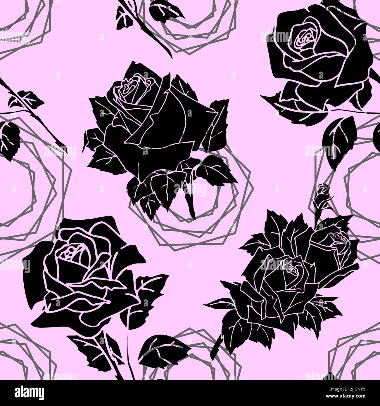 seamless pattern of black roses on a pink background, texture ...