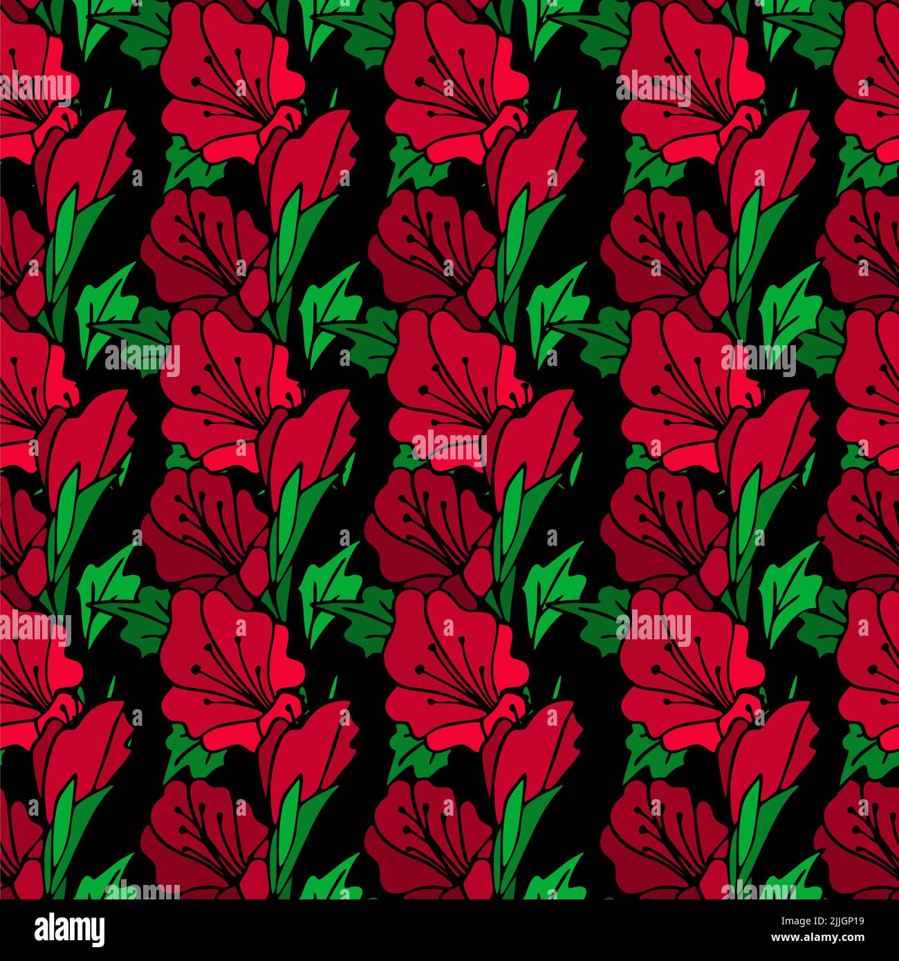 seamless repeating pattern of large red flowers on a black background ...